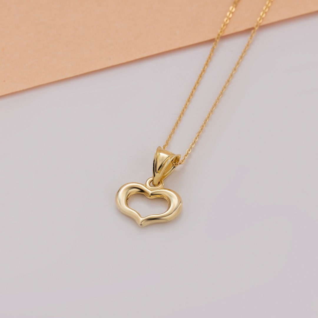 Slanted Heart Pendant 14K Solid Gold Necklace, Perfect Christmas Gift ...
