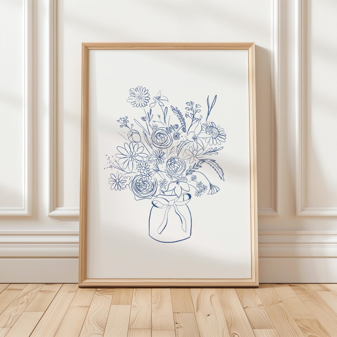 Blue Floral Art Print, Blue Flower Line Art, Minimalist Wall Decor ...