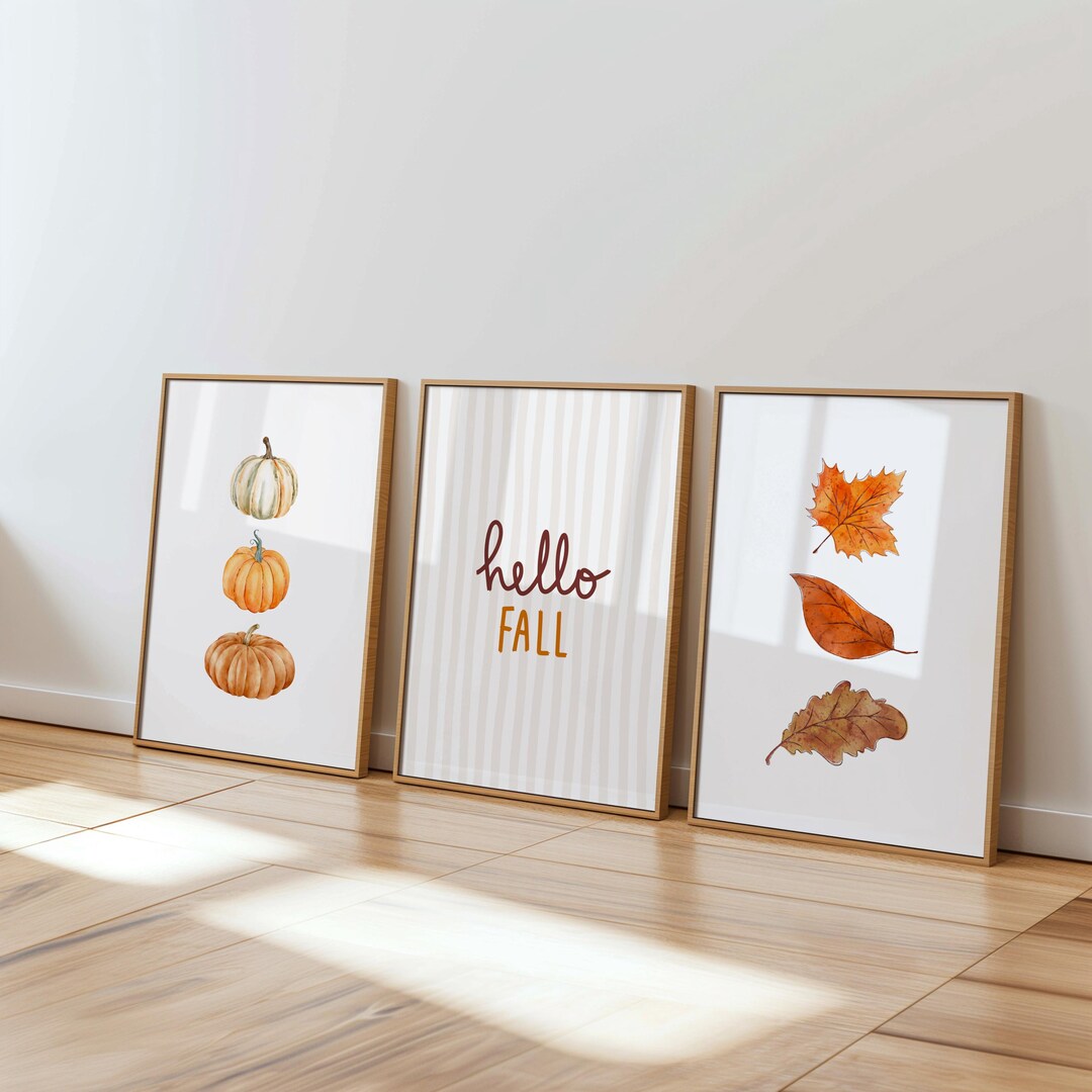 Fall Decor Print Set: Pumpkin & Maple Leaf Farmhouse Art (digital ...