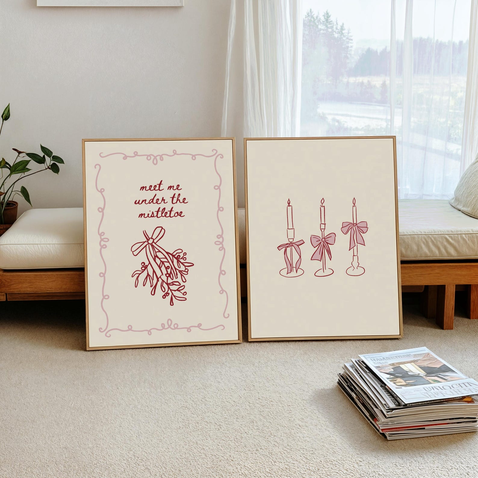 Pink Christmas Gallery Wall Set, Retro Holiday Art Prints Bundle, Merry ...