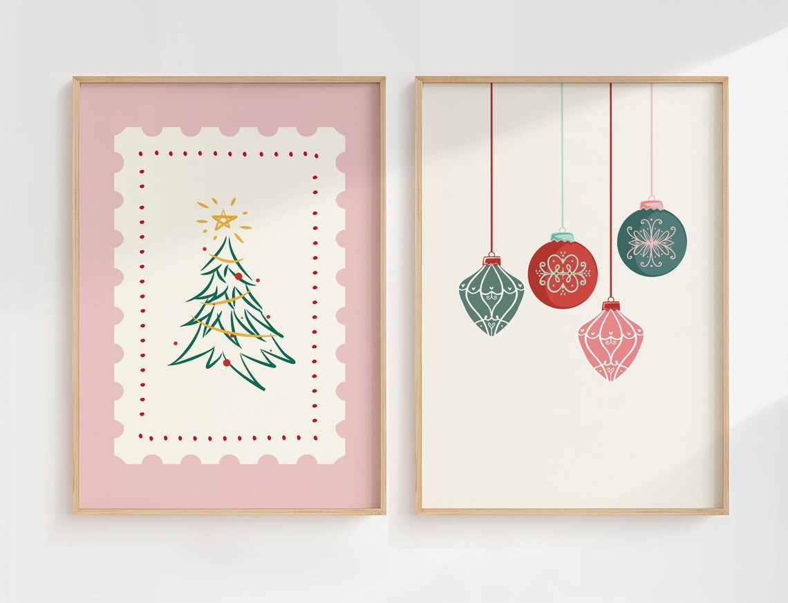 Christmas Wall Art Set of 6, Xmas Print Bundle, Red Green Pink ...