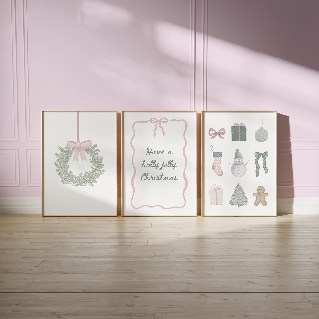 Christmas Wall Art Set of 3, Pink Green Holiday Prints, Wreath Quote ...