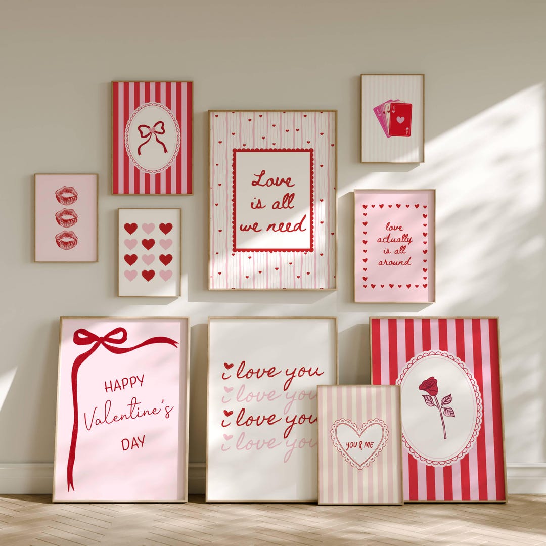 Valentine Gallery Wall Set Printable, Pink Red Valentine Wall Art, Love ...