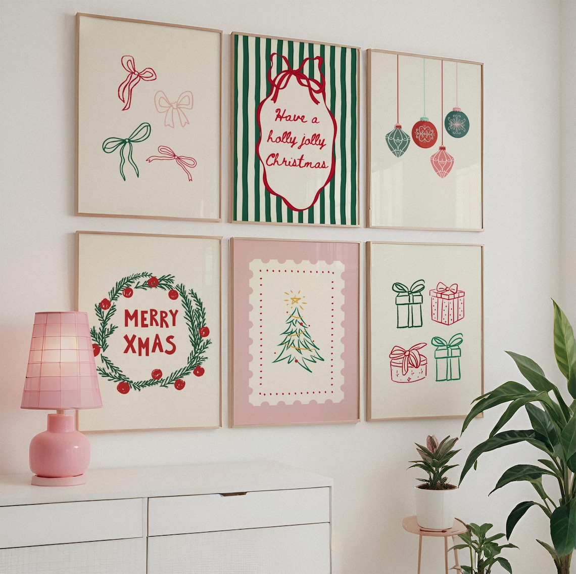 Christmas Wall Art Set of 6, Xmas Print Bundle, Red Green Pink ...