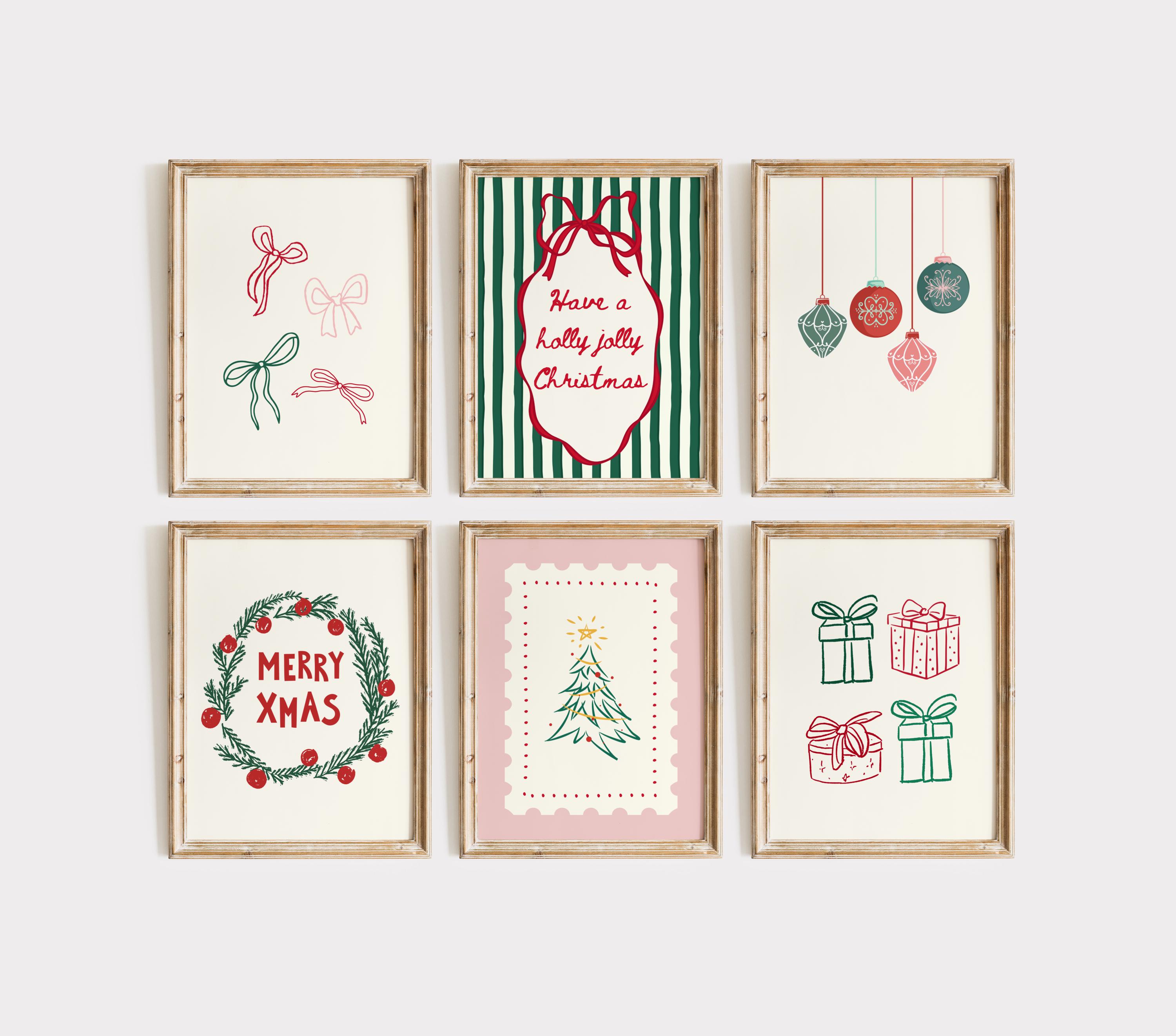 Christmas Wall Art Set of 6, Xmas Print Bundle, Red Green Pink ...