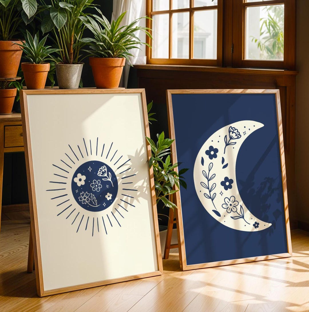 Navy Blue Sun and Moon Print Set: Boho Celestial Wall Art (digital ...