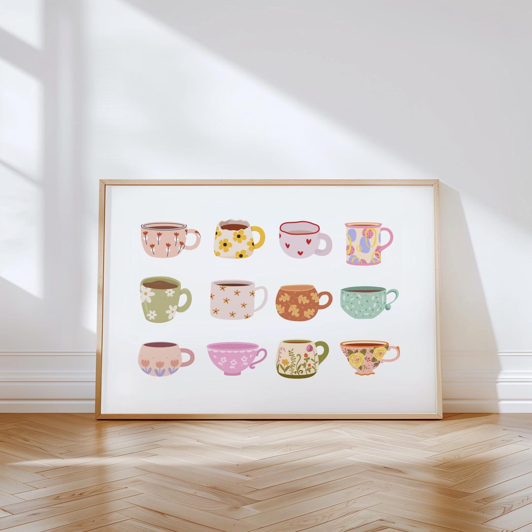 Boho Coffee Mug Art Print, Cozy Kitchen Wall Art, Colorful Teacup ...