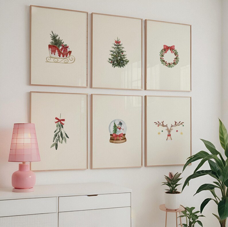 Christmas Watercolor Art Set of 6, Holiday Wall Decor Bundle, Festive ...