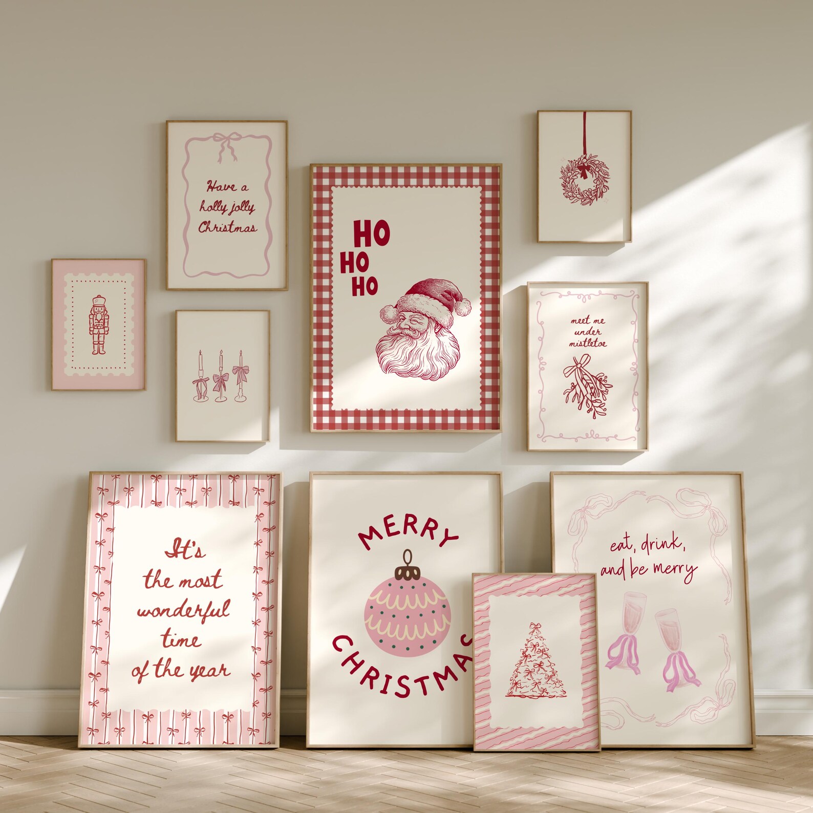 Pink Christmas Gallery Wall Set, Retro Holiday Art Prints Bundle, Merry ...