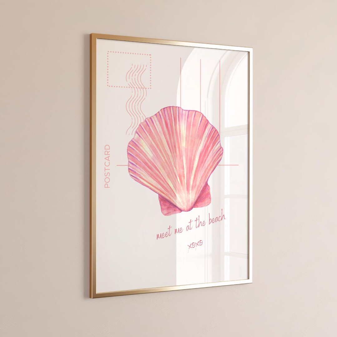 Pink Seashell Art, Beach Preppy Prints, Blue Coastal Wall Art ...