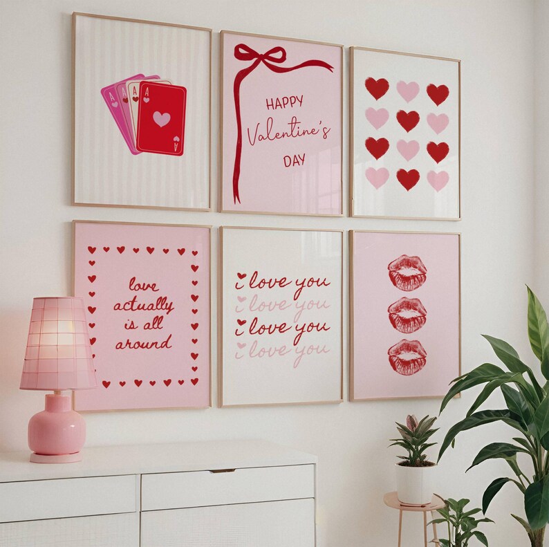 Valentine Gallery Wall Set Printable, Pink Red Valentine Wall Art, Love ...