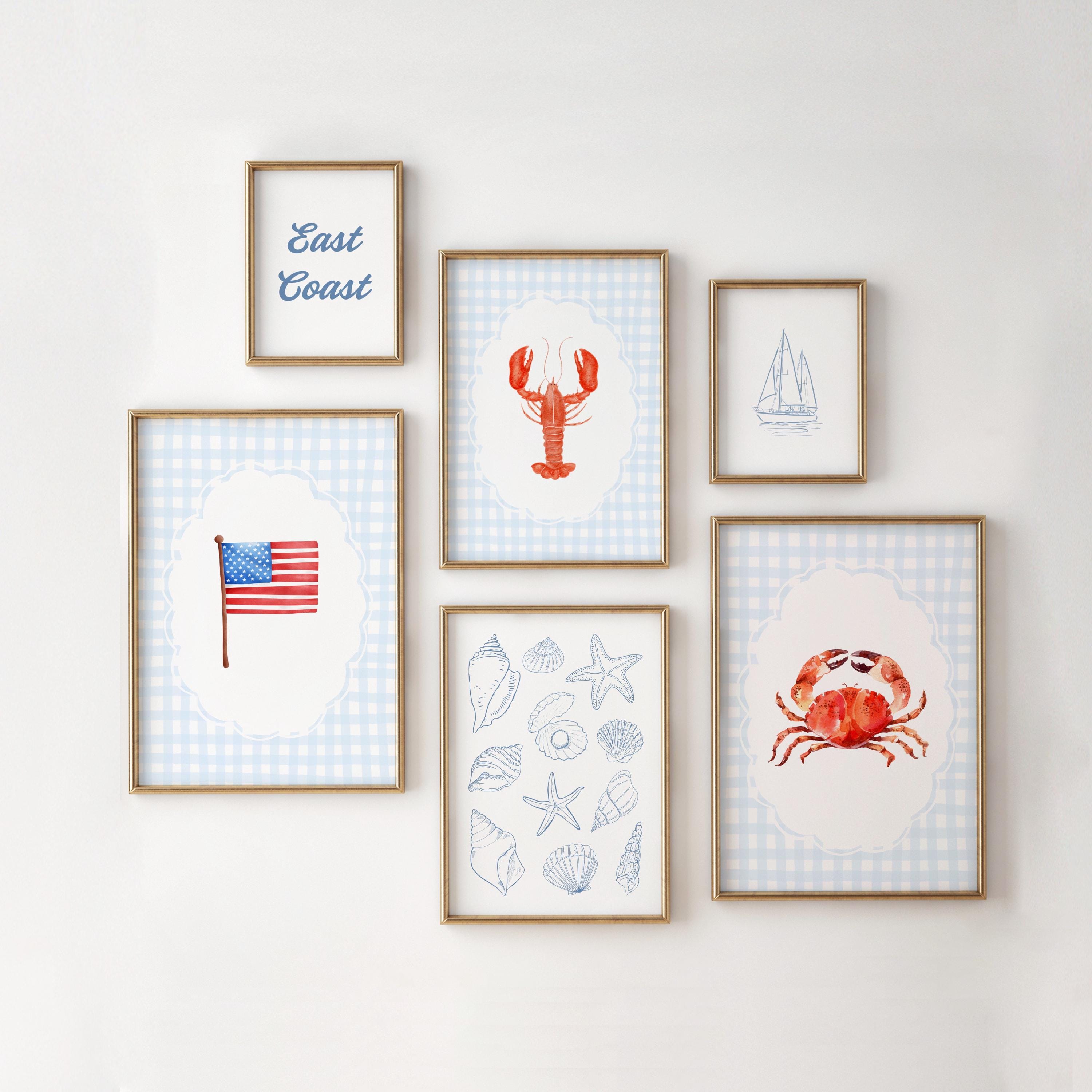 Coastal Prints Set of 6, Coastal Americana Prints, Red White and Blue ...
