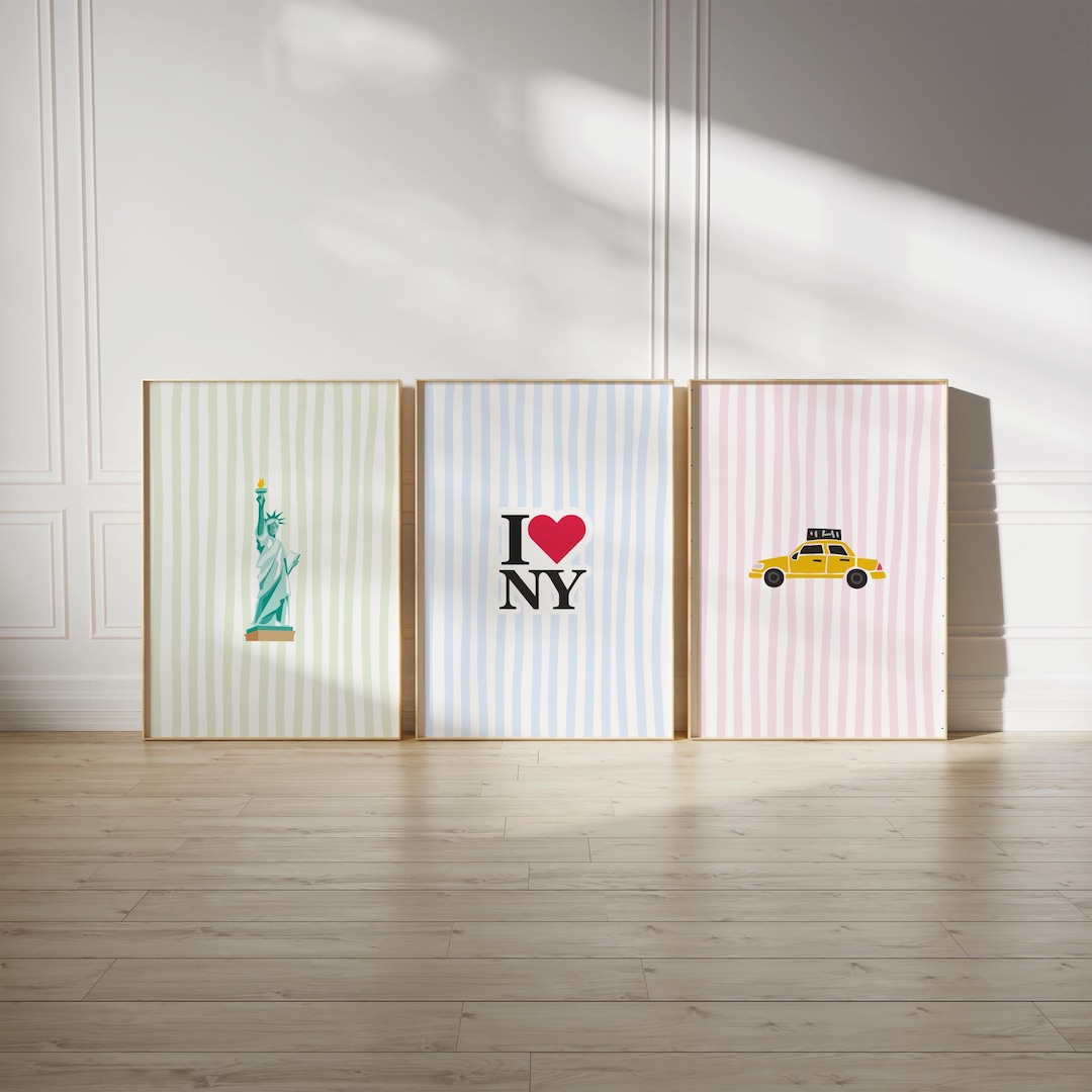 New York City Prints Set of 3, Preppy NYC Wall Art, Pastel Travel ...