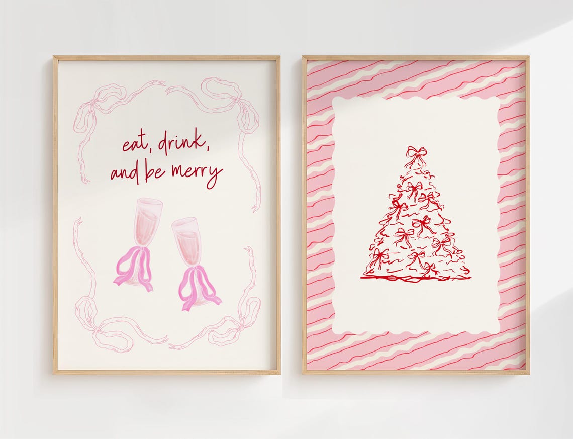 Pink Christmas Gallery Wall Set, Retro Holiday Art Prints Bundle, Merry ...
