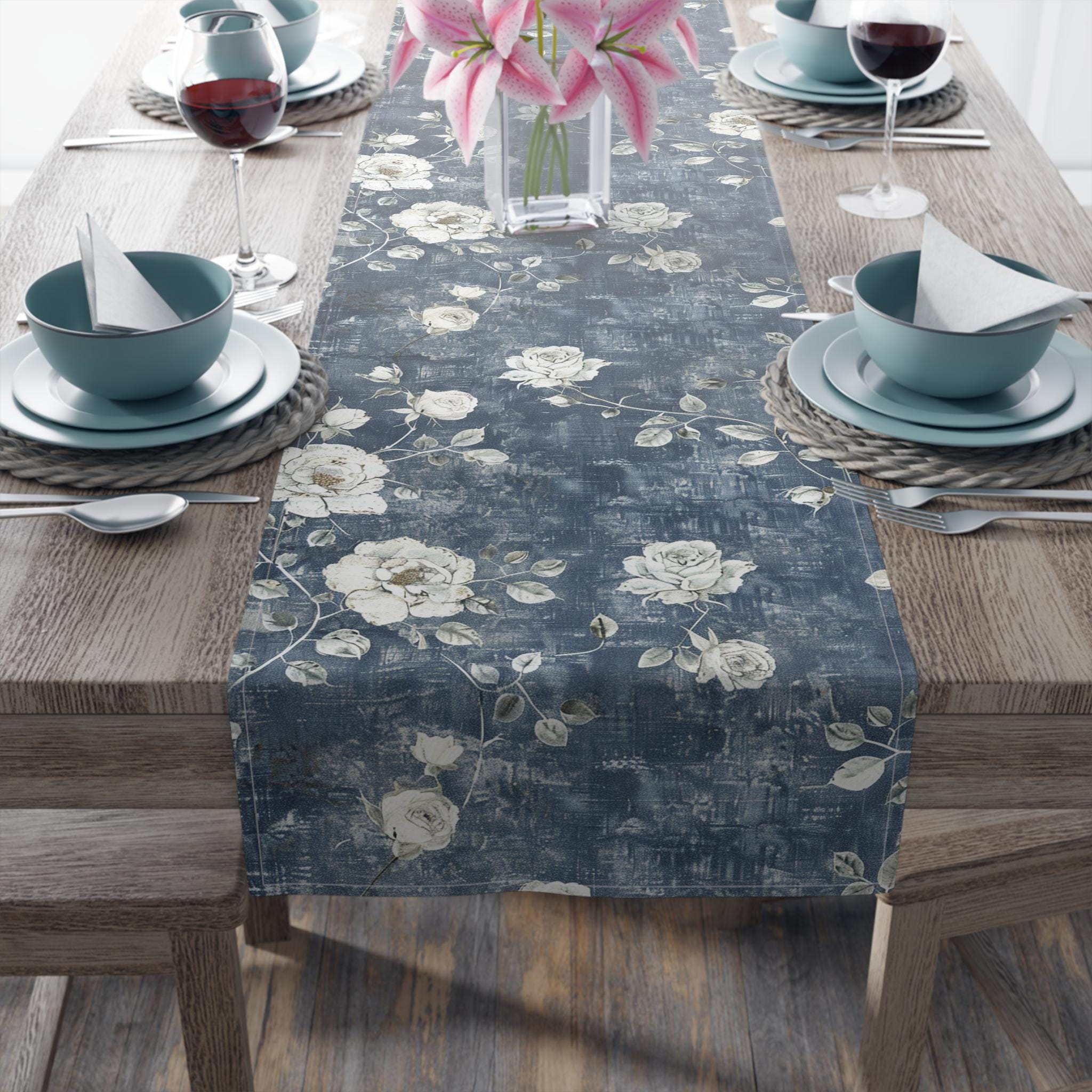 Blue Floral Rose Table Runner, Blue Rose Table Runner, Blue Vintage ...