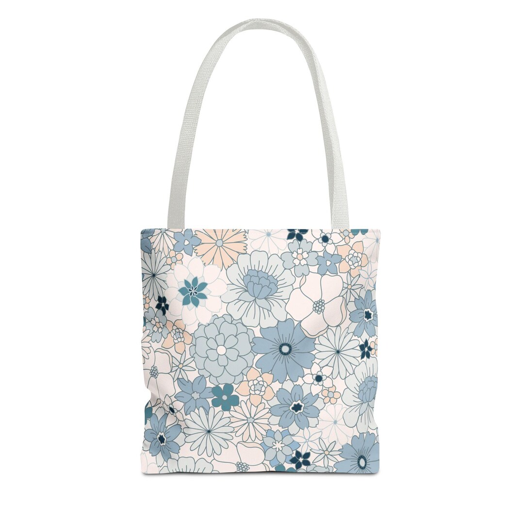 Blue Floral Tote Bag, Spring Blue Floral Tote Bag, Blue Peach Floral ...