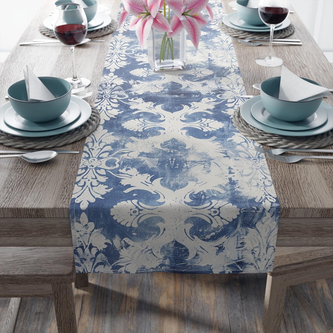 Blue Baroque Table Runner, Blue Modern Farmhouse Table Runner, Blue ...