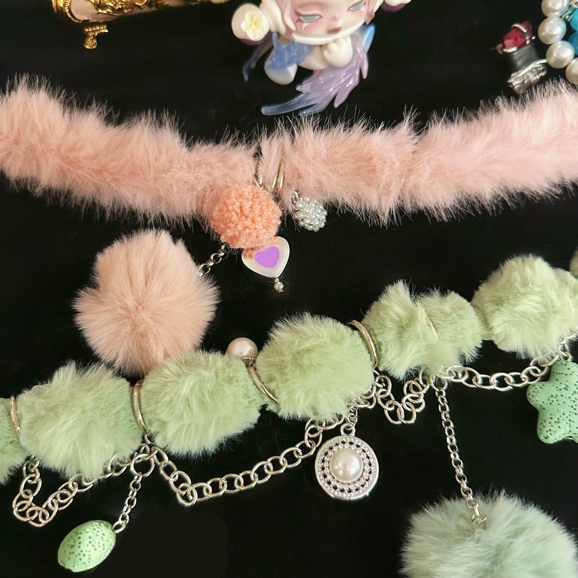 Pink Green Cute Fluffy Choker,star Pom-poms Multiple Pendants, Kawaii ...