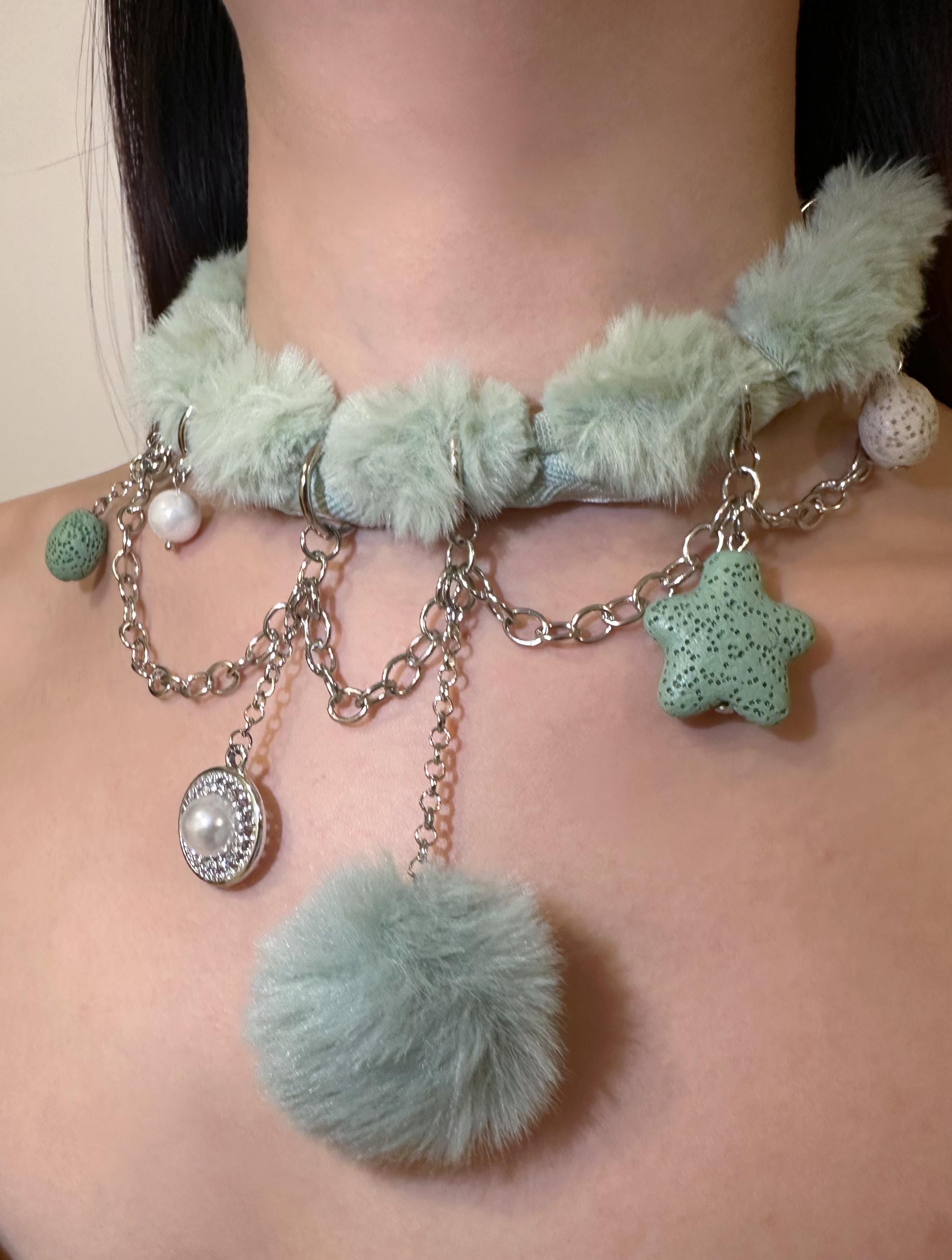Pink Green Cute Fluffy Choker,star Pom-poms Multiple Pendants, Kawaii ...