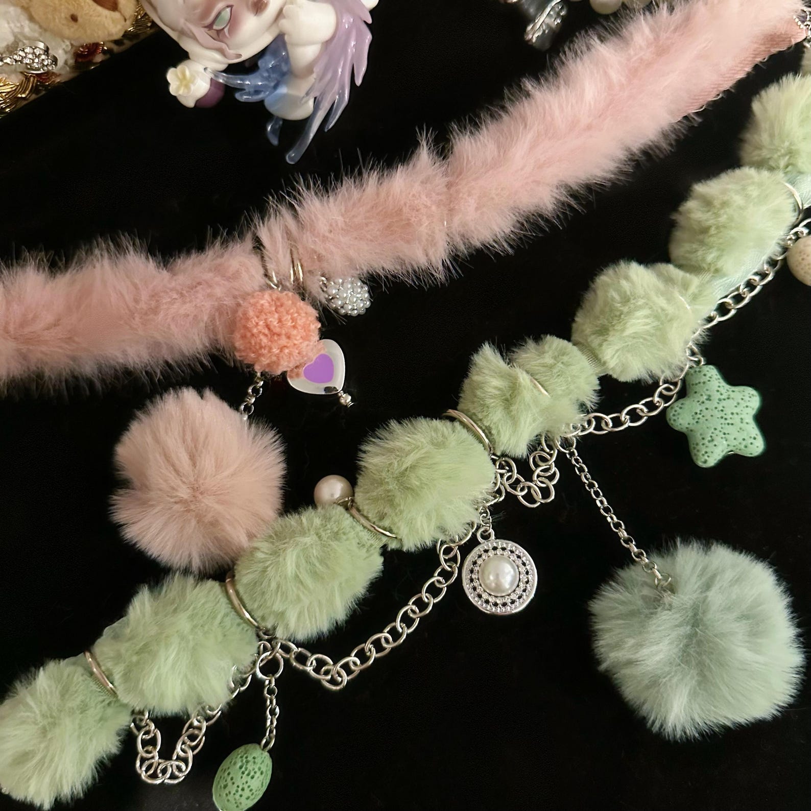 Pink Green Cute Fluffy Choker,star Pom-poms Multiple Pendants, Kawaii ...