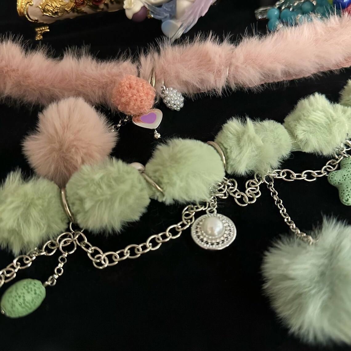 Pink Green Cute Fluffy Choker,star Pom-poms Multiple Pendants, Kawaii ...