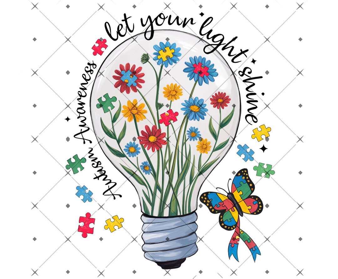 Autism Awareness Light Bulb PNG: Floral Butterfly Sublimation (digital ...