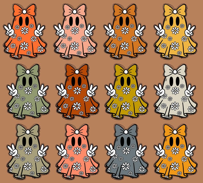 Preppy Floral Ghost PNG Bundle: Retro Halloween Clipart (digital ...