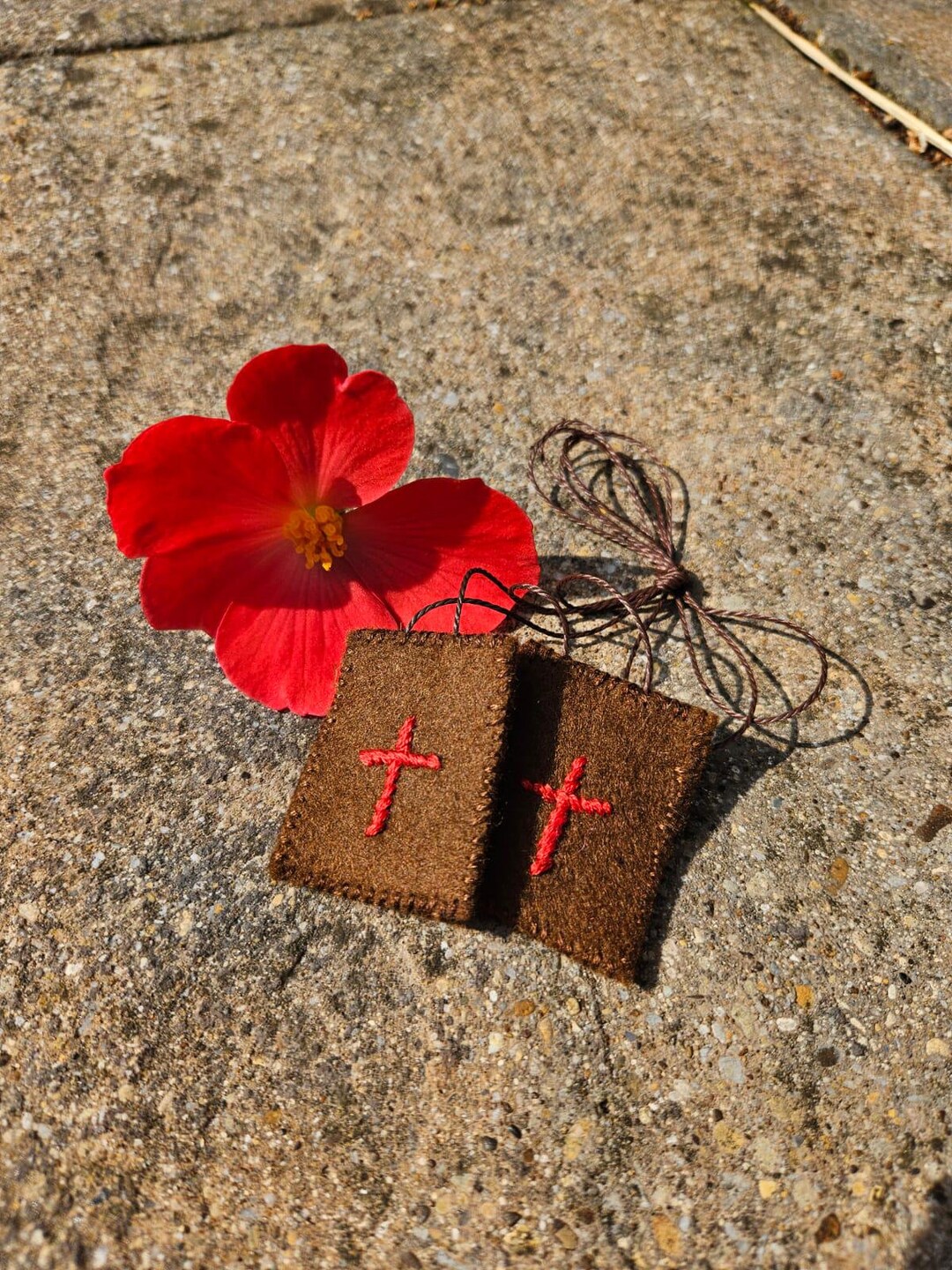 Hand Embroidered, 100% Wool Brown Scapular, Red Cross, 46cm (18") Cord ...