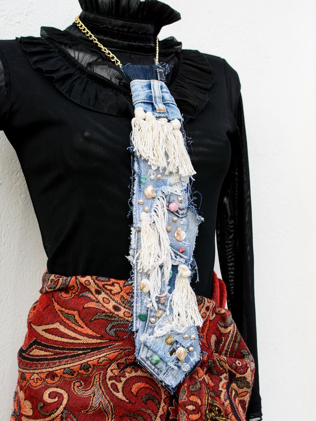 Denim Junk Tie • Artistic Boho Necktie • Reworked Jean Fabric Accessory ...
