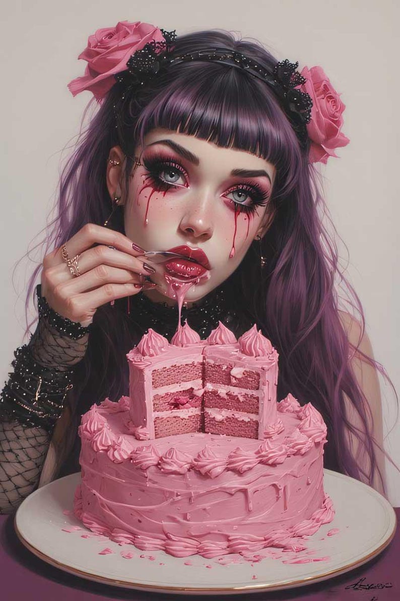 Goth Girls Eating Pink Cakes Digital Art | Pastel Goth | Creepy Cute ...