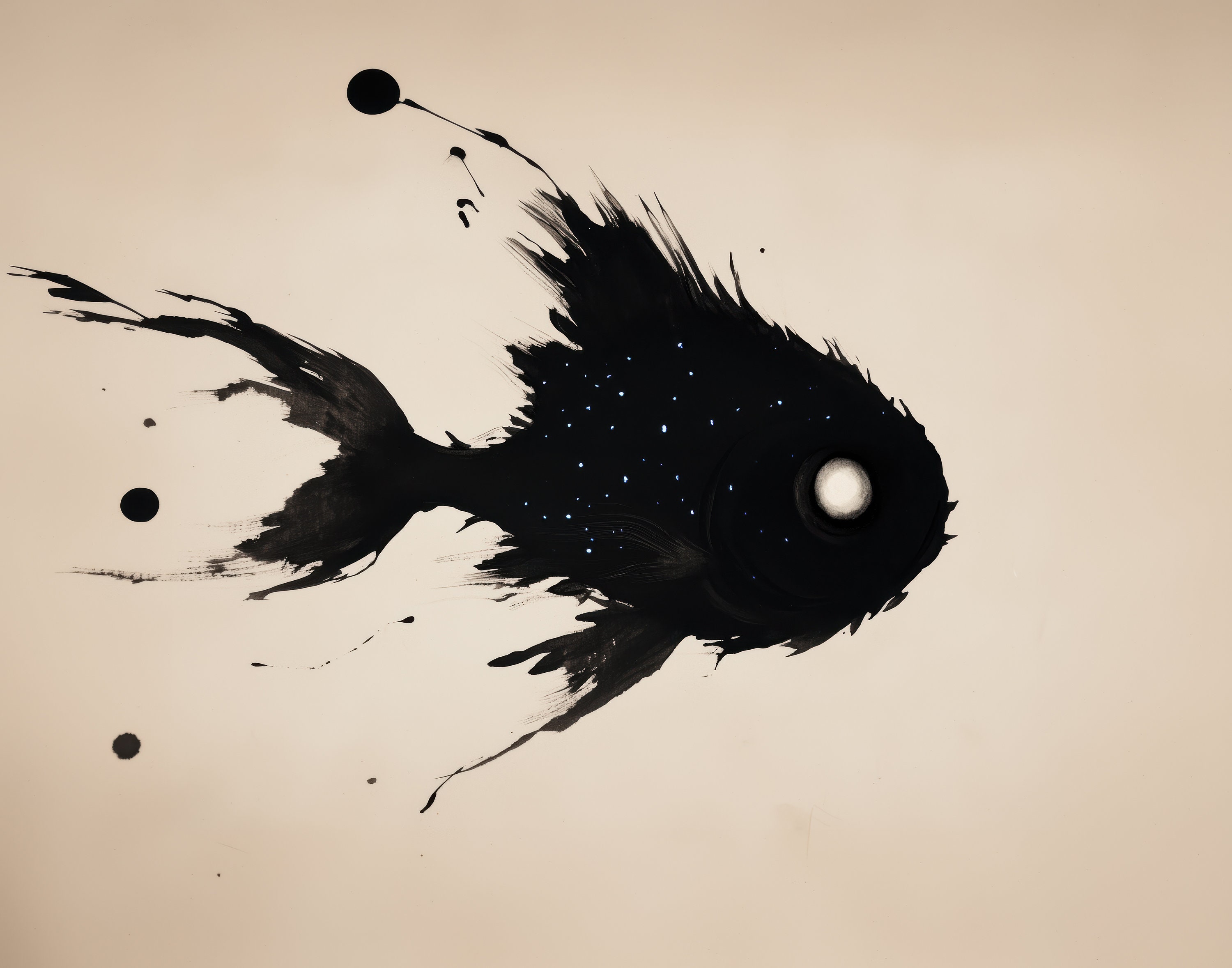 Stark Japanese Sumi-e Ink Painting Bioluminescent Fish Art Print - Etsy