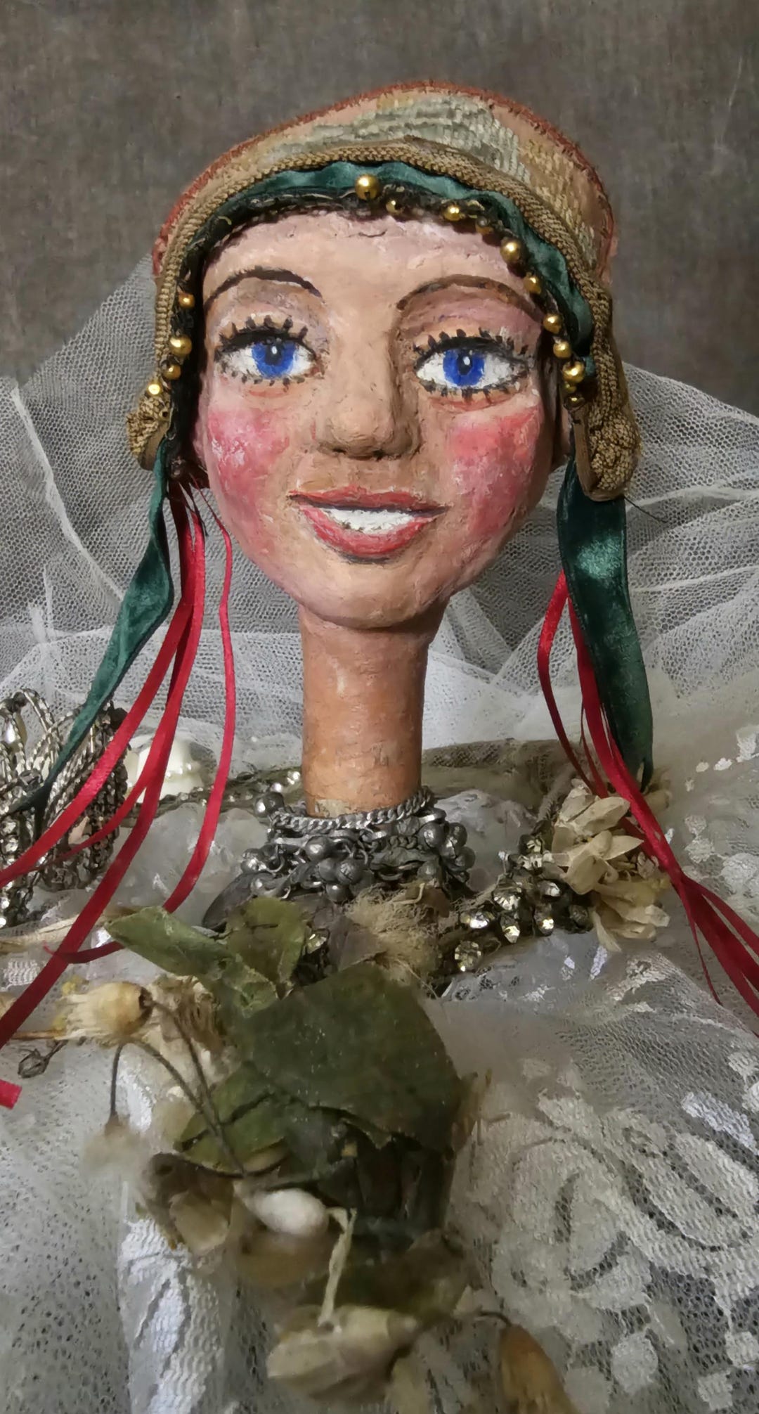 Antique Vintage Puppet Head on Base Hand Painted With Ornate Headdress ...