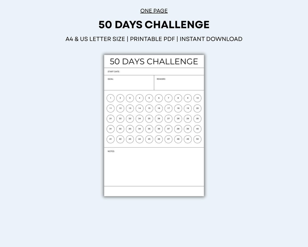 50 Day Challenge Tracker Printable: Goal & Habit Tracker (A4 + US ...