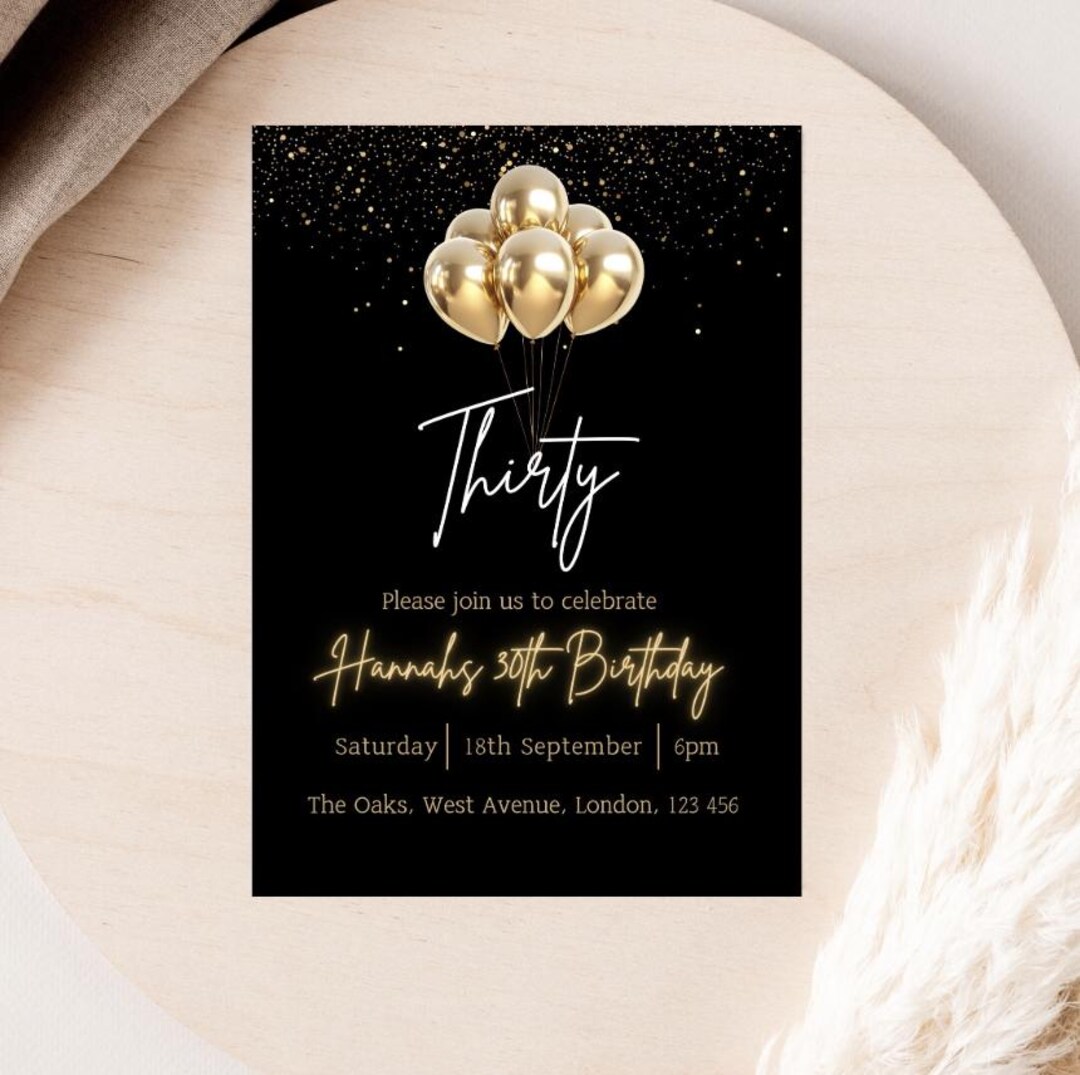 30th Birthday Invitation: Gold Balloons, Elegant Thirty Invite (digital ...