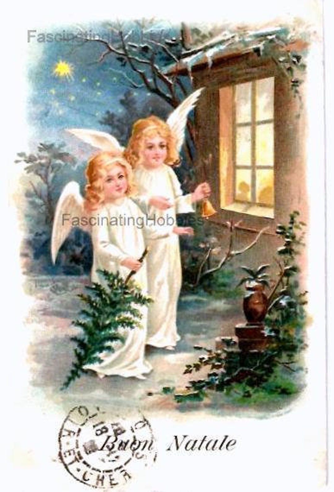1911-vintage BUON NATALE christmas in Italian ANGELS, Bell, Christmas Trees Art Nouveau Colorful ...