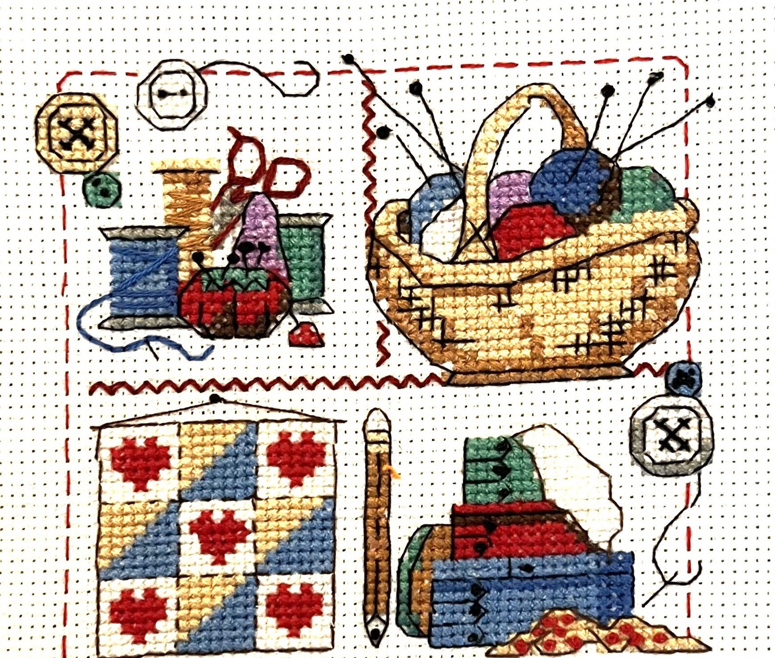 1995 SEWING Machine, PINCUSHION, SPOOL Handmade Finished Cross Stitch ...