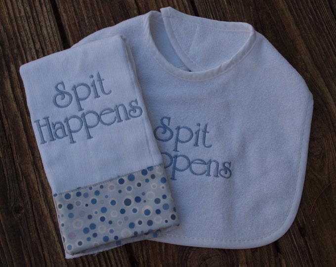Spit Happens Personalized Baby Bib and Burp Cloth, Baby Shower Gift ...