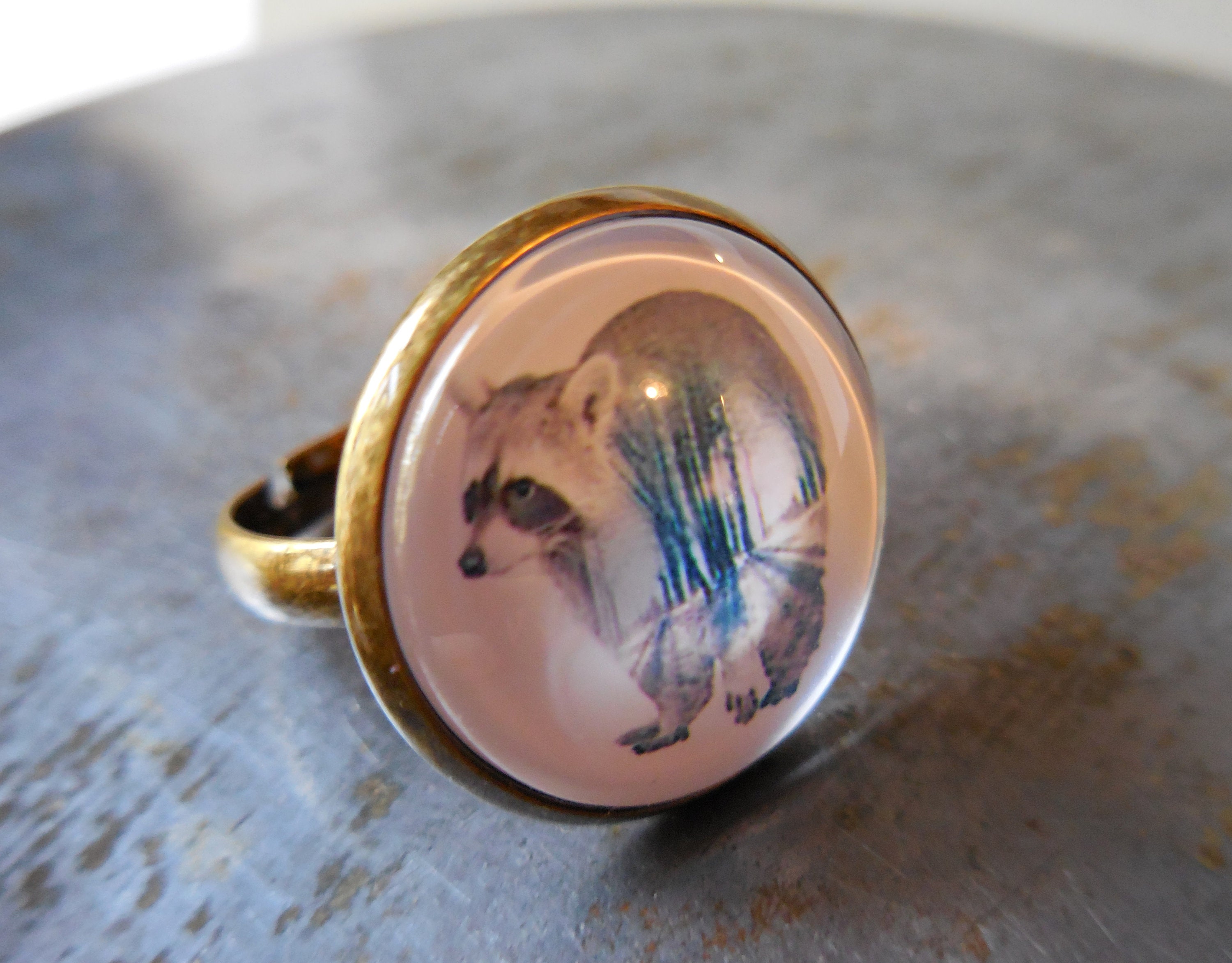Raccoon Ring. Cute Raccoon Ring. Raccoon Jewelry. Bronze Glass Cabochon ...