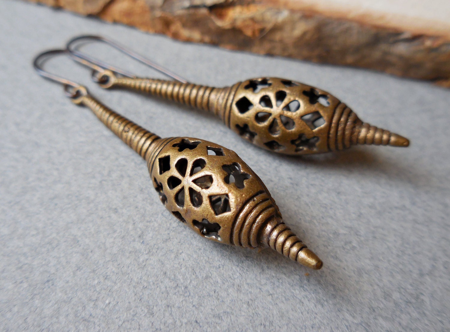 African Style Brass Earrings, Long Ethnic Tribal Metal Dangle Earrings ...