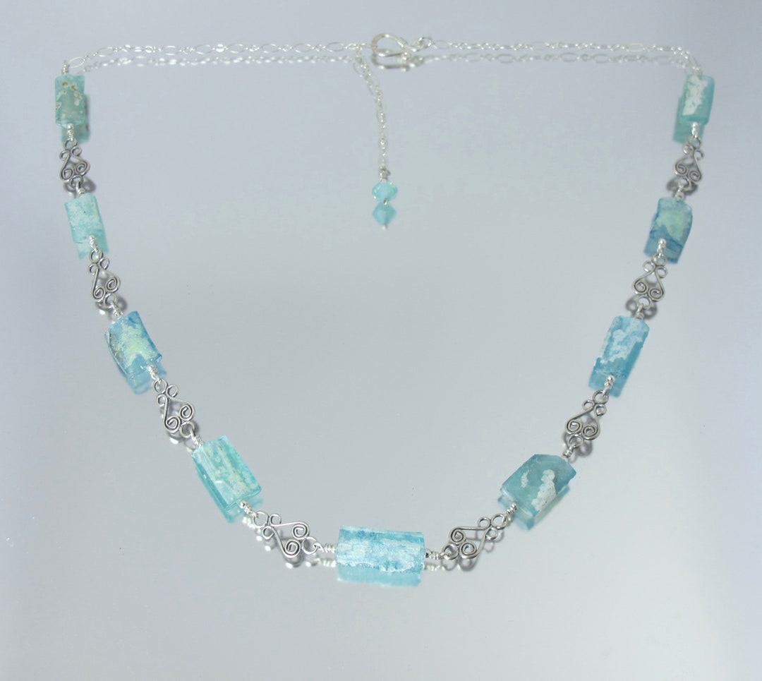 Blue Ancient Roman Glass and Filigree Scroll Sterling Silver Adjustable ...