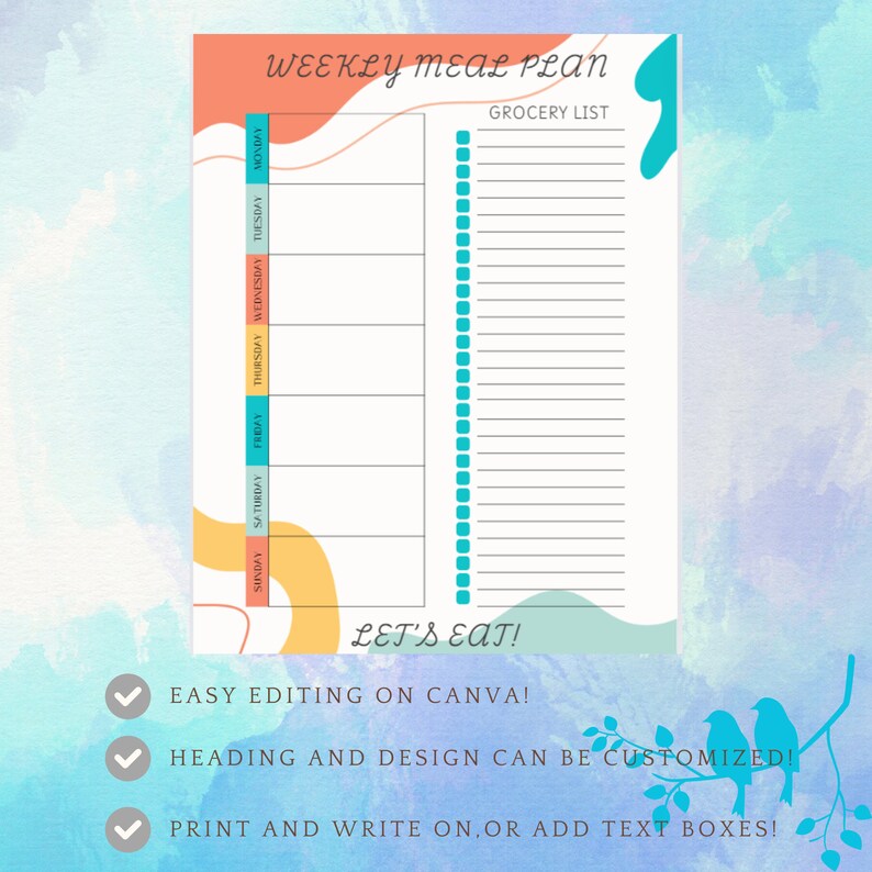 Editable and Printable Weekly Meal Plan Template, Abstract Design, Done ...