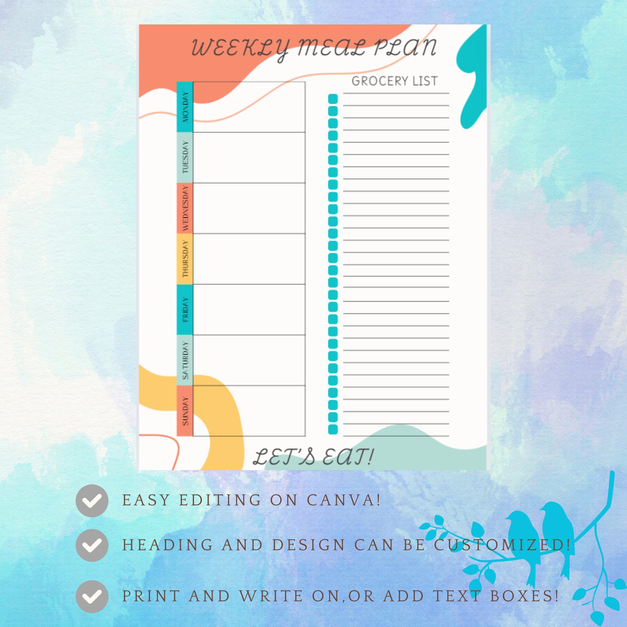 Editable and Printable Weekly Meal Plan Template, Abstract Design, Done ...