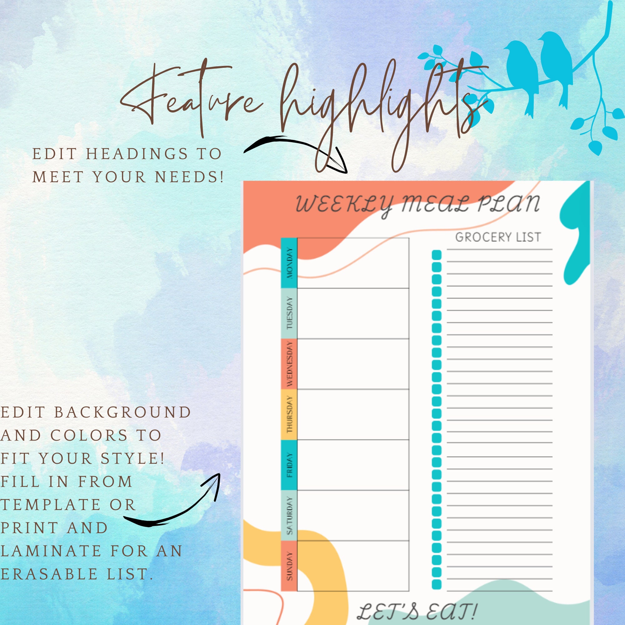 Editable and Printable Weekly Meal Plan Template, Abstract Design, Done ...