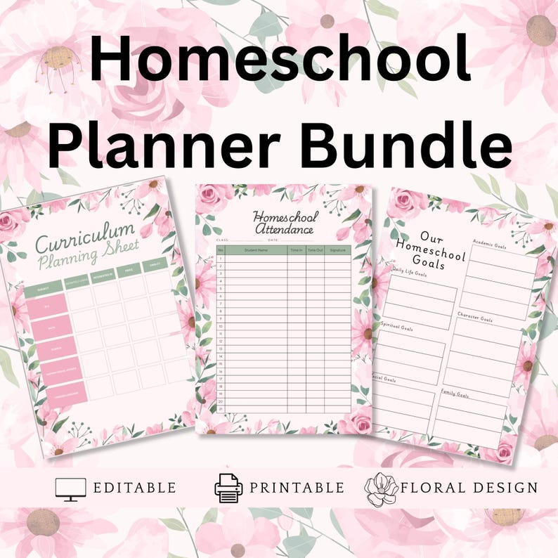 Homeschool Planner Bundle | Editable Canva Template | Floral Theme ...