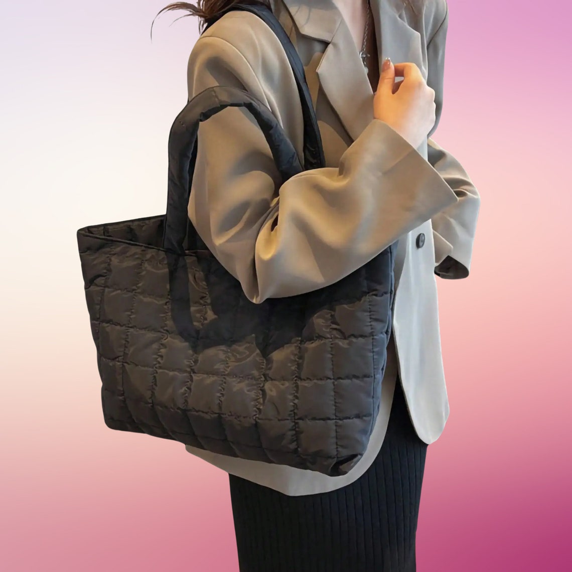 Quilted Black Puffer Bubble Tote Bag | Stylish Functional Winter ...