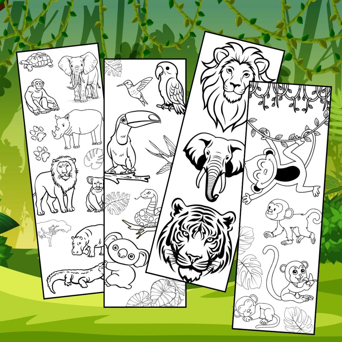 Kids Coloring Page - Jungle Bookmarks - Etsy