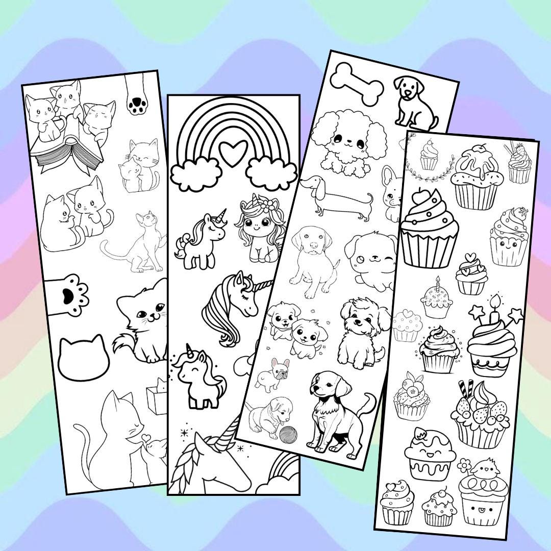Kids Coloring Page - Cute Bookmarks - Kittens - Cupcakes - Unicorns - Etsy