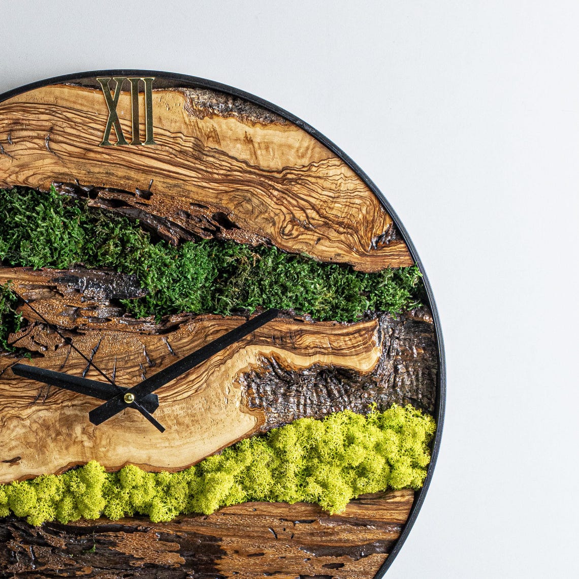 Metal and Olive Wooden Wall Clock, Moss Wall Clock, Unique Wall Decor ...