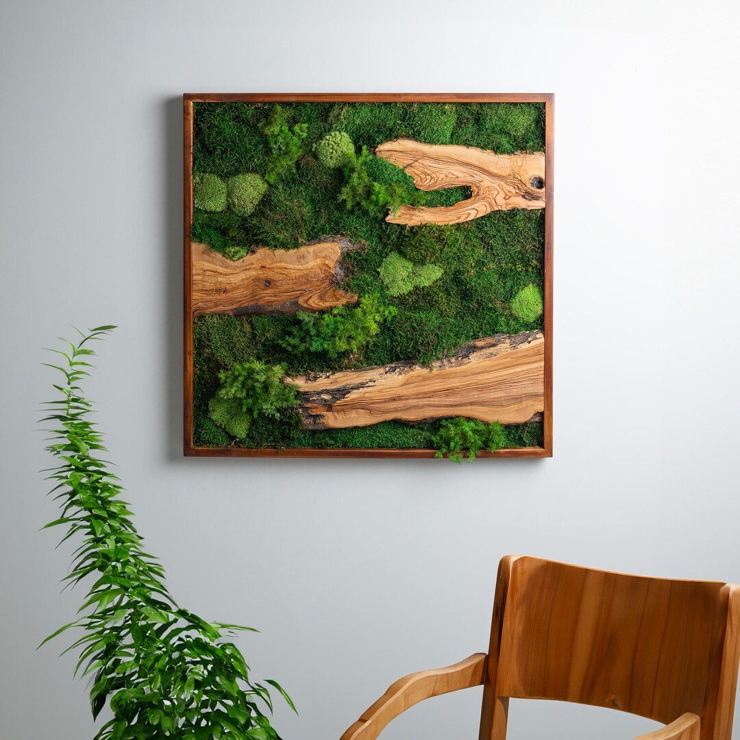 Moss and Olive Wood Wall Art, Square Wooden Frame Moss Wall Decor, Home ...