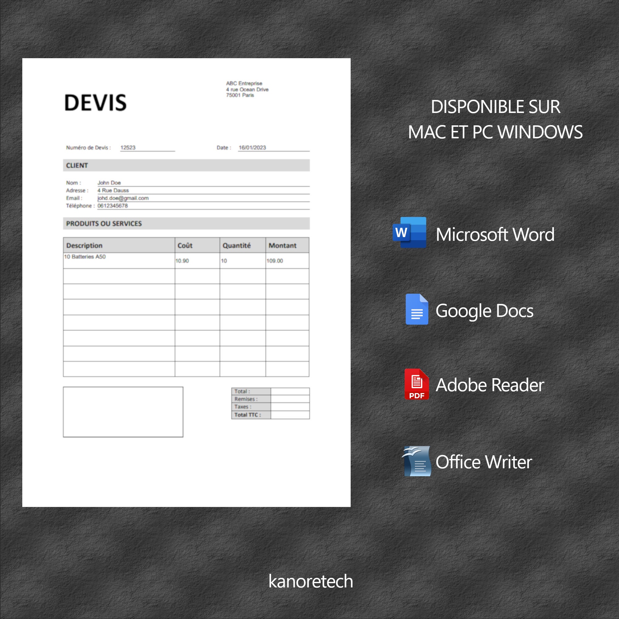 Modèle de facture et devis professionnel disponible sur Open Office ...